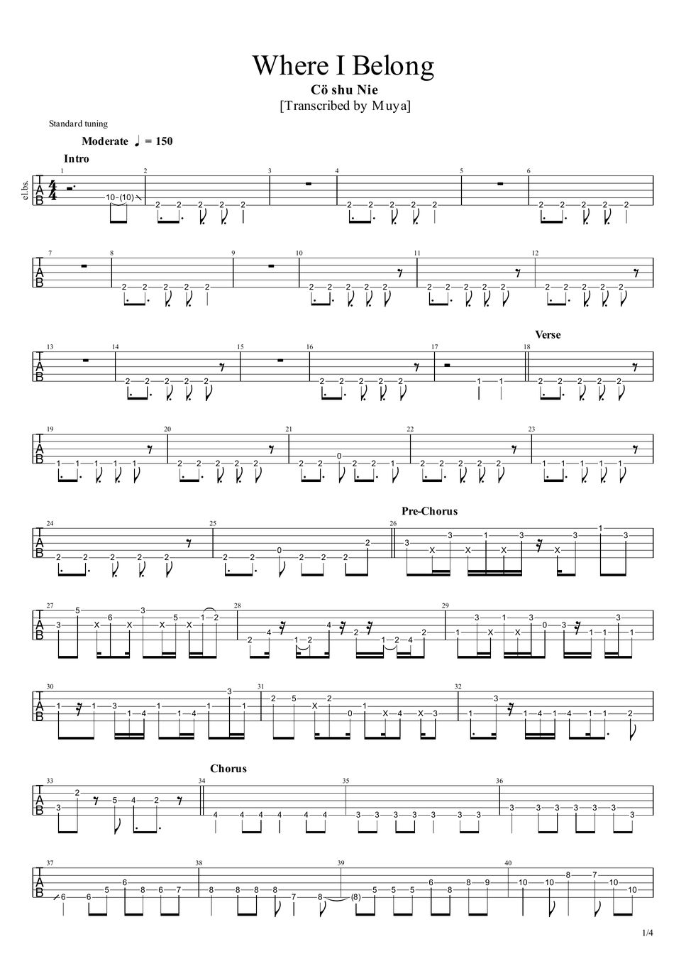Cö shu Nie - Where I Belong (Bass TAB) Sheet Music by Muya