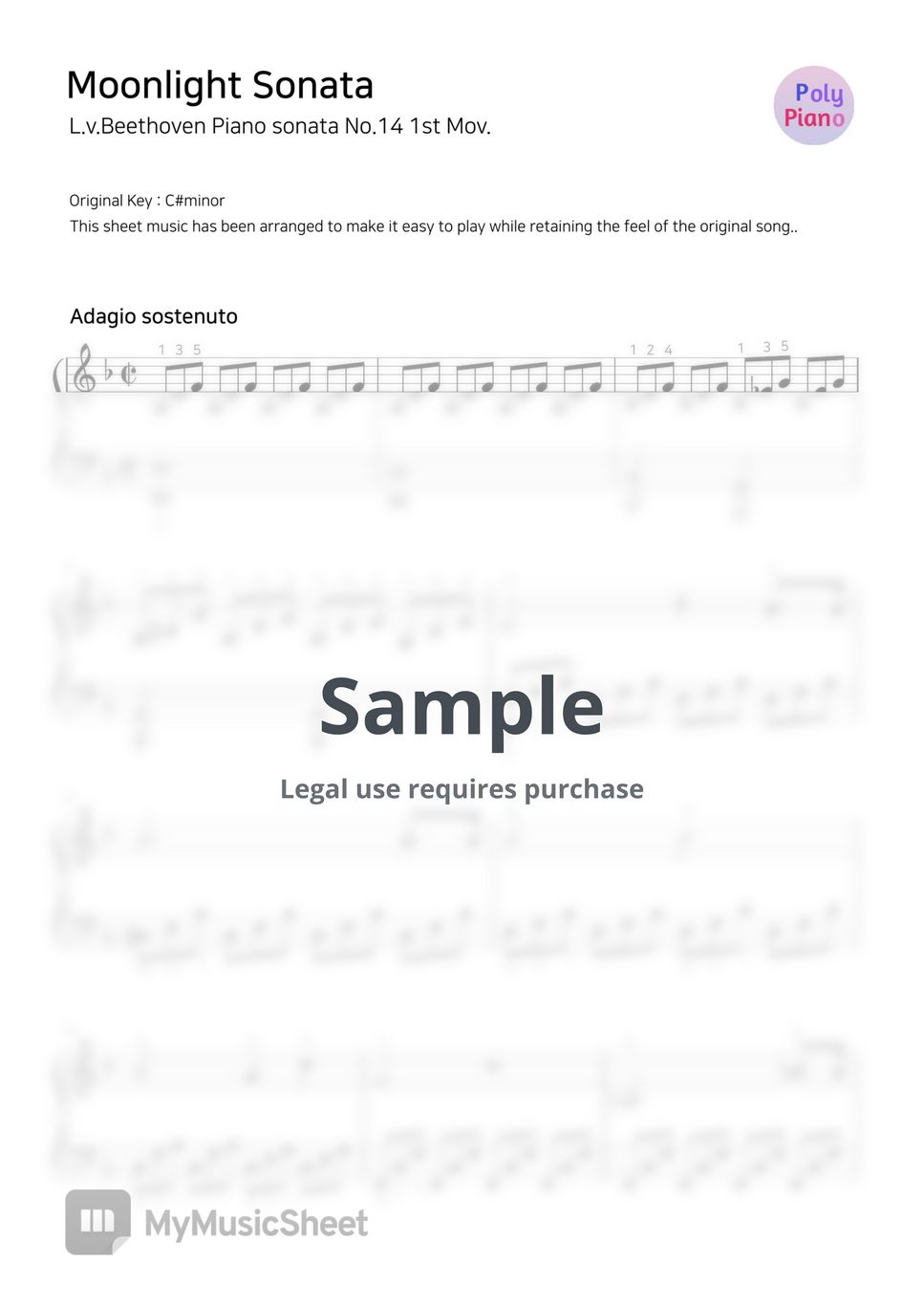 L.v.Beethoven - Moonlight Sonata (easy ver.) Sheets by POLYPiano