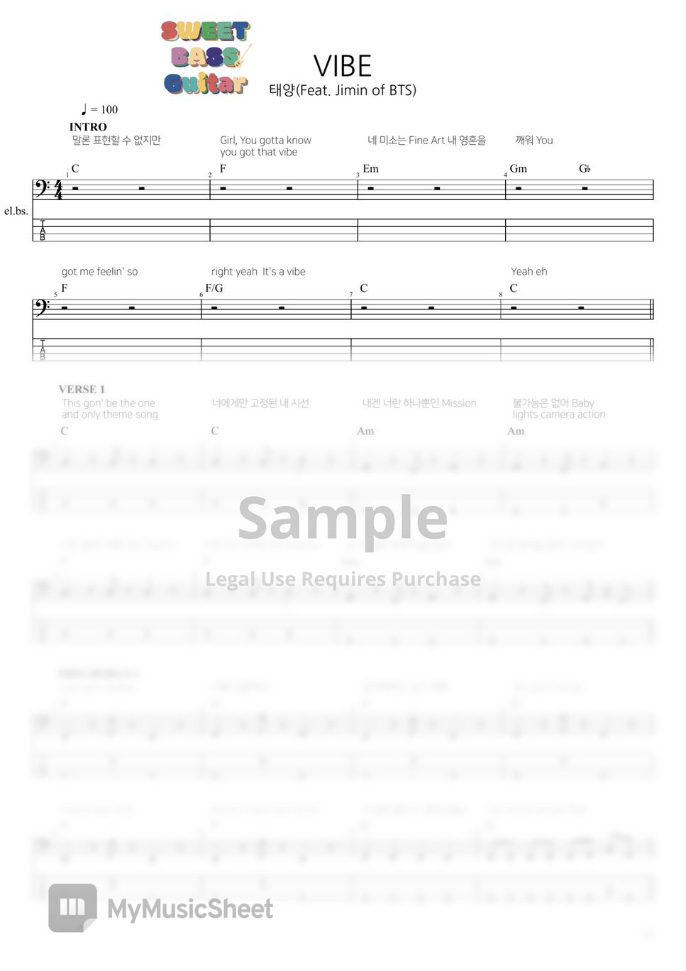 태양(feat. Jimin of BTS) - VIBE (Bass) Sheets by Sweet Bass