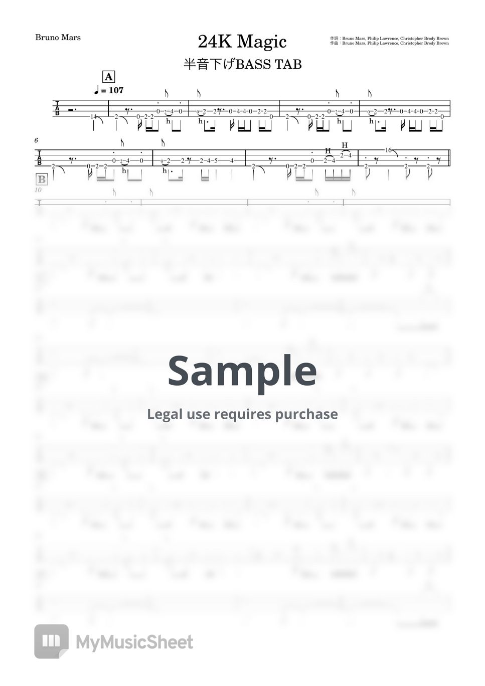 Bruno Mars - 24K Magic (『ベースTAB譜』半音下げ4弦ベース対応) Sheets by 箱譜屋