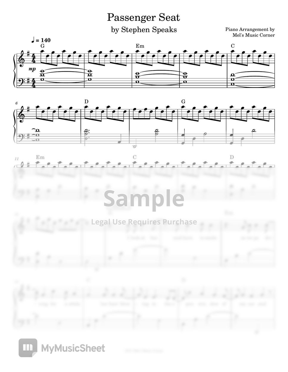 Stephen Speaks - Passenger Seat (piano sheet music) 樂譜 by Mel's Music ...