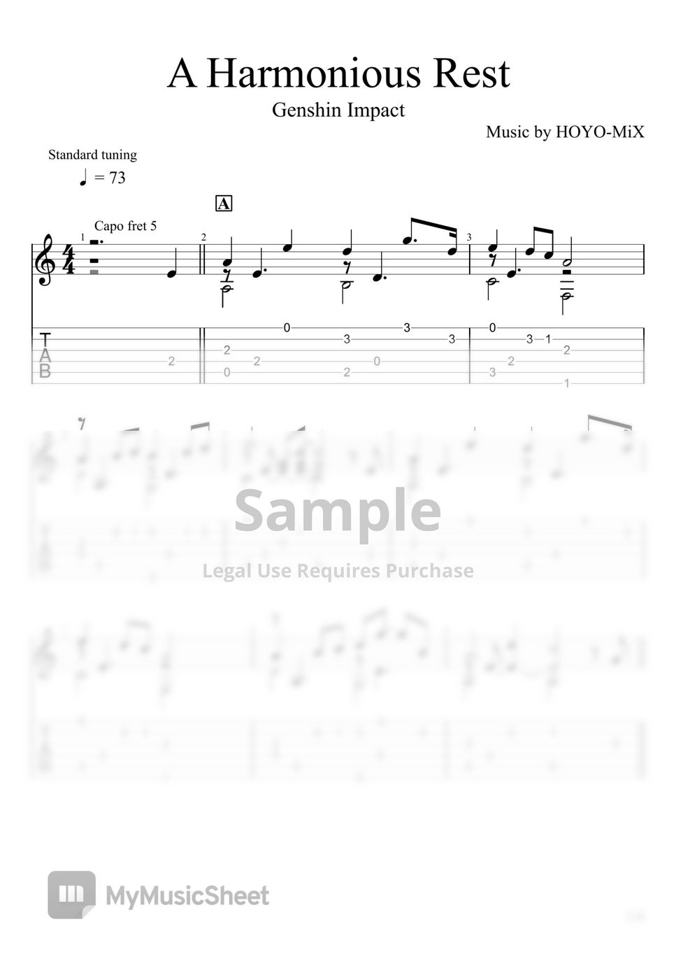 Genshin Impact - A Harmonious Rest (Fingerstyle) Sheet Music by u3danchou