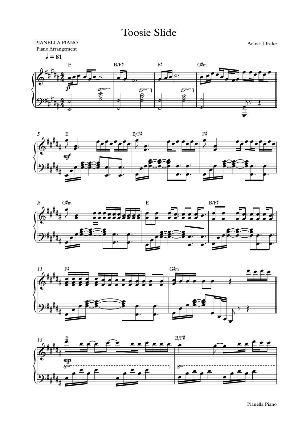 Drake - Toosie Slide (Piano Sheet) 樂譜 by Pianella Piano