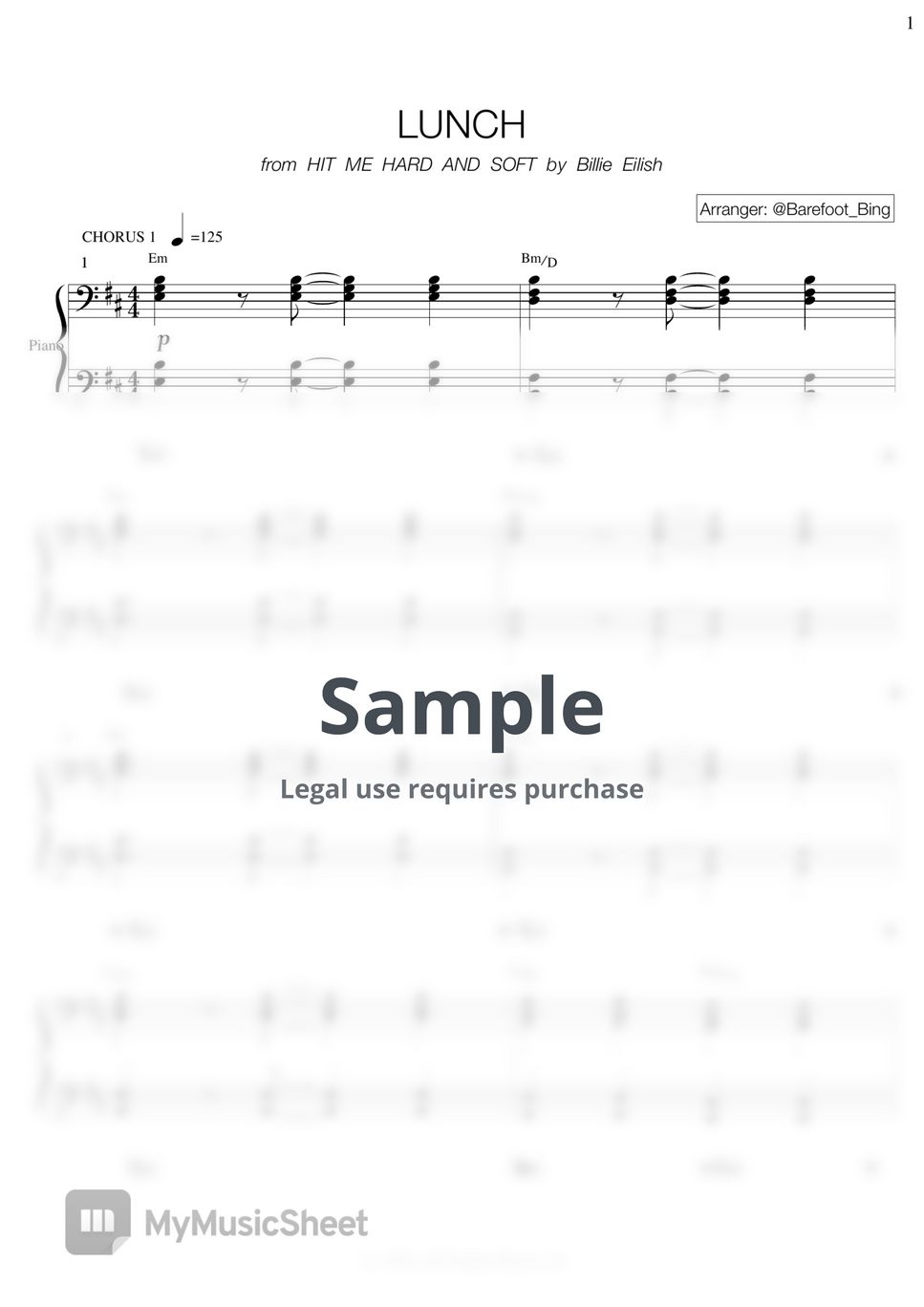 Billie Eilish - LUNCH Sheet Music by Barefoot Bing