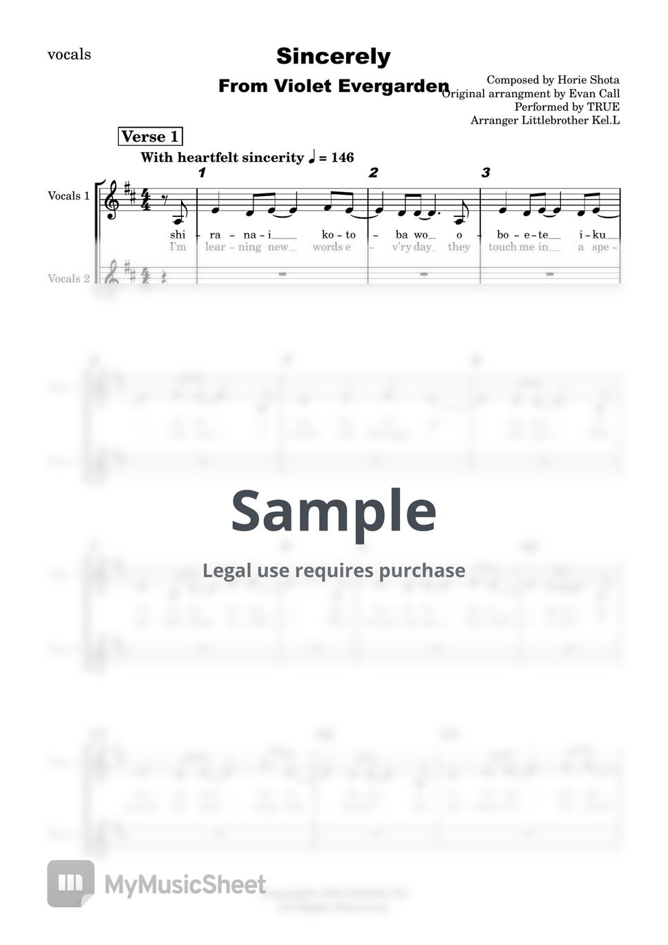 TRUE - Sincerely - ヴァイオレット・エヴァーガーデン (Vocal) Sheets by Littlebrother Kel.L