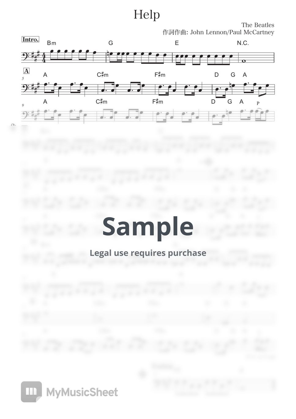 the Beatles - Help (ベース譜/五線譜のみ・コード付き) Sheet Music by きどりん