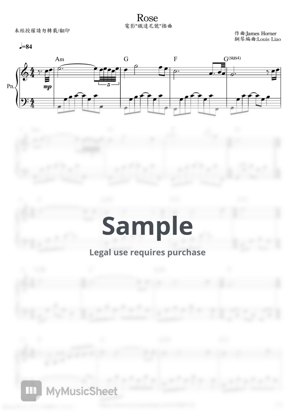 詹姆斯霍納 James Horner - Rose (電影 鐵達尼號 插曲) Sheets by LouisLiao