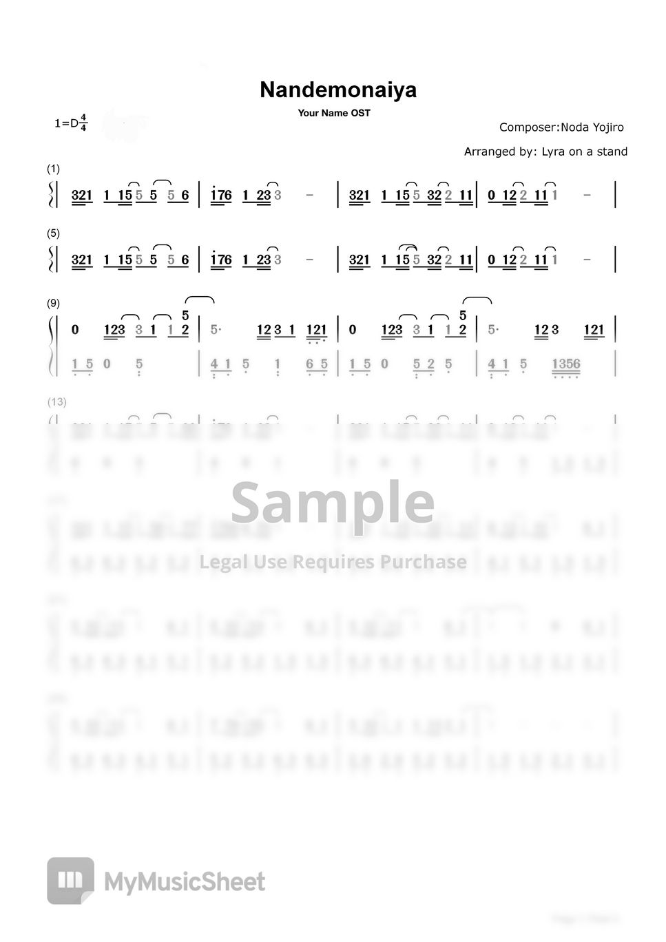 RADWIMPS - Nandemonaiya Sheet Music by lyra on a stand
