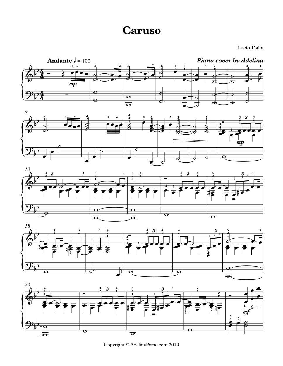 Lucio Dalla - Caruso Sheet by Adelina Piano
