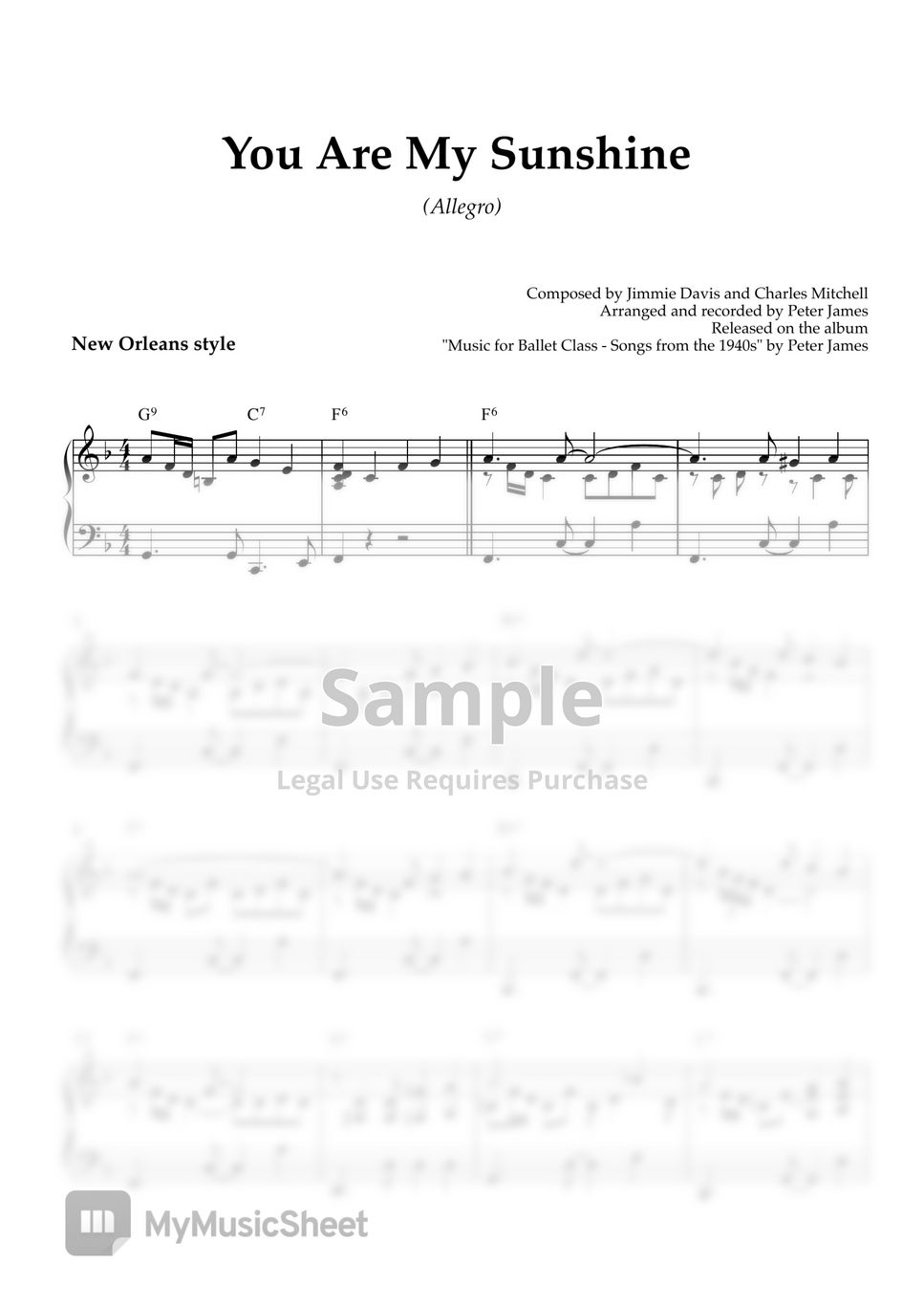 Jimmie Davis, Charles Mitchell - You Are My Sunshine Sheet Music by Peter James