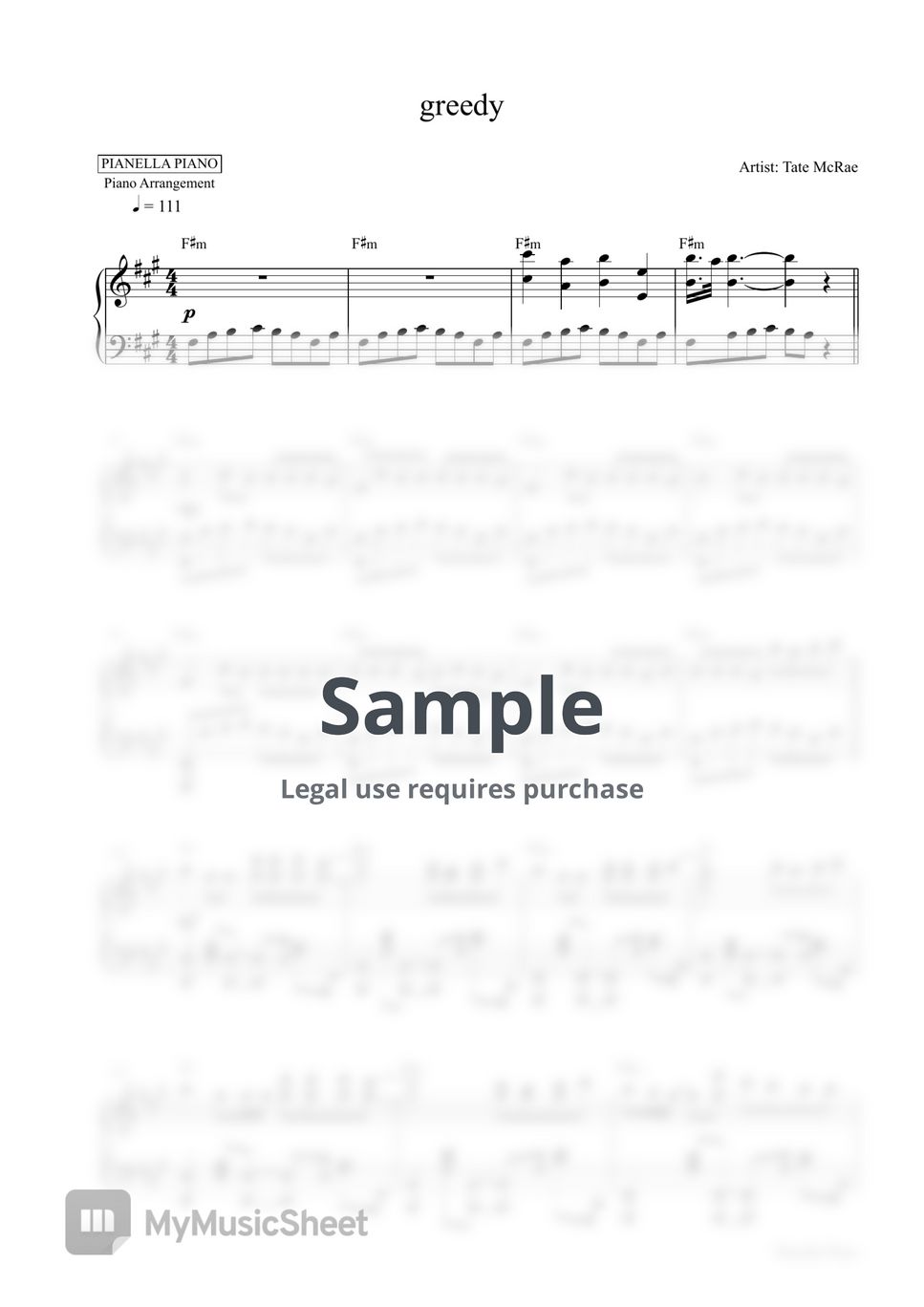 Tate McRae - greedy (Piano Sheet) Sheet Music by Pianella Piano