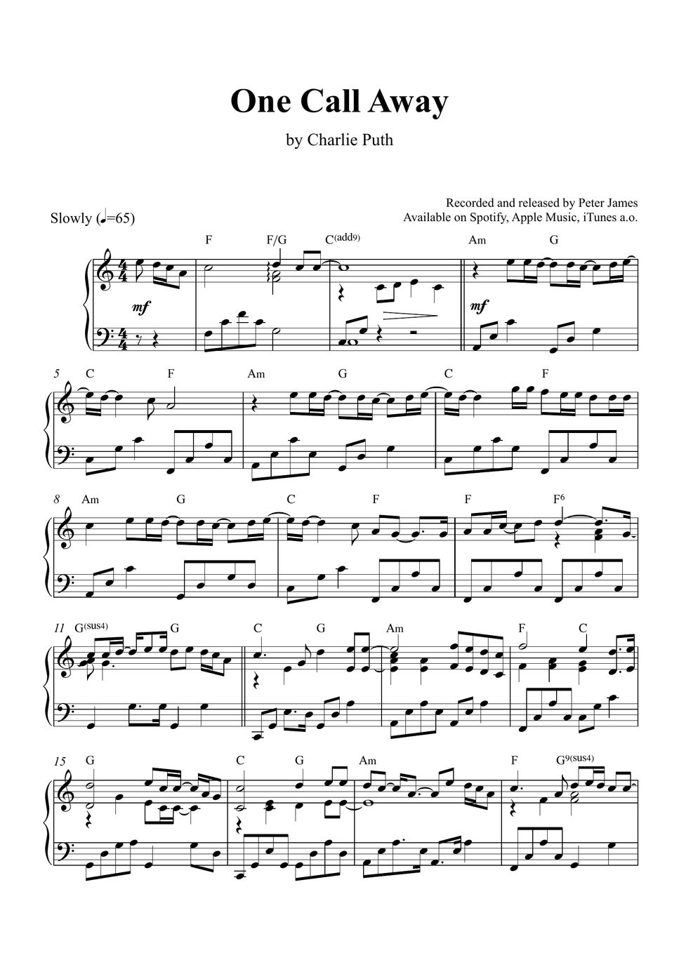 One Call Away (Charlie Puth) Piano Solo 악보