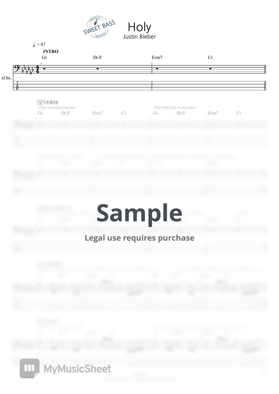 Justin Bieber - Holy [Original ver.] (Bass) Tab + 단선 악보 by Sweet Bass