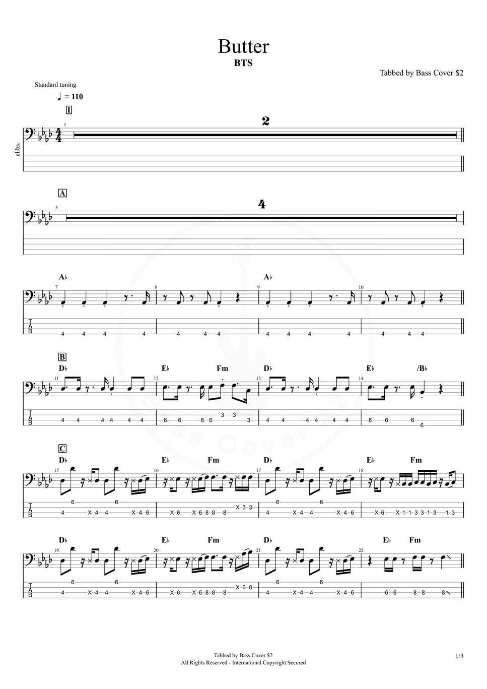 BTS - Butter Tab + Partition à une seule portée by Bass Cover $2