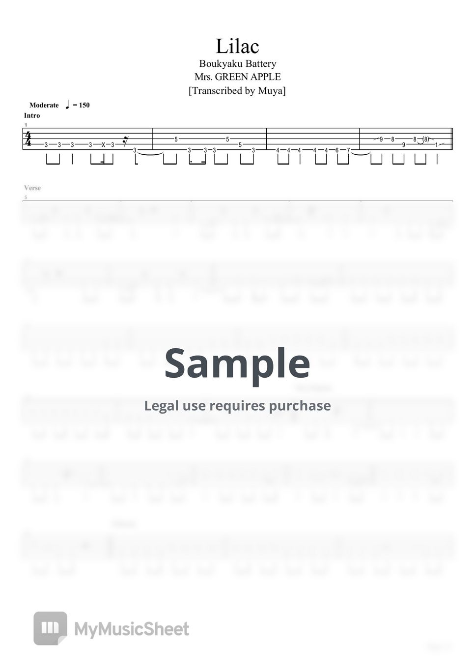 Mrs. GREEN APPLE - Lilac (Bass TAB Short Ver.) Sheets by Muya