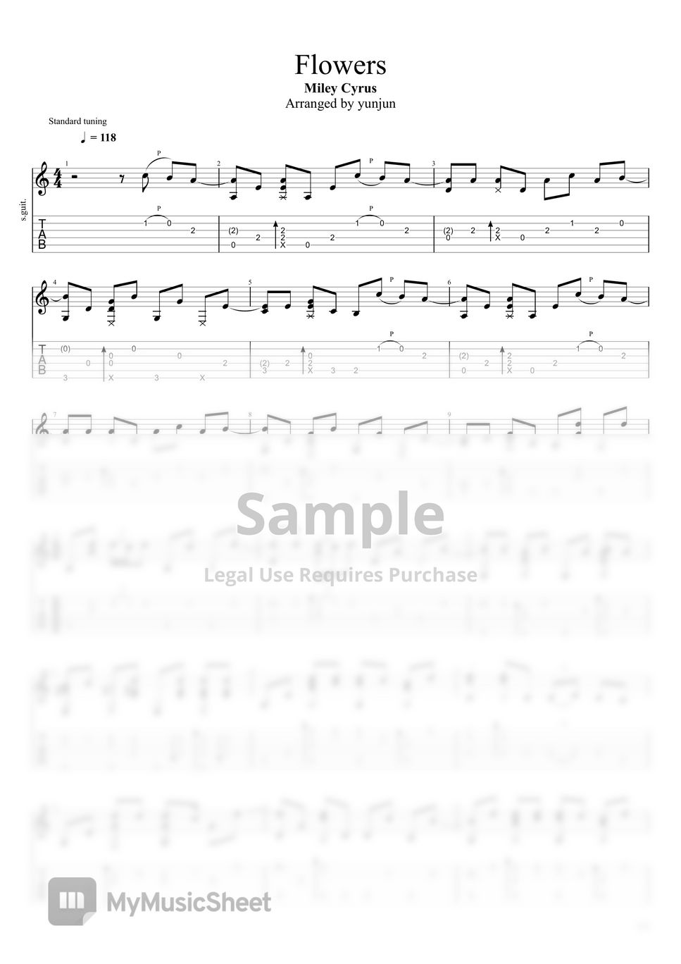 Miley Cyrus - Flowers (Fingerstyle Guitar) Sheets by YunJun