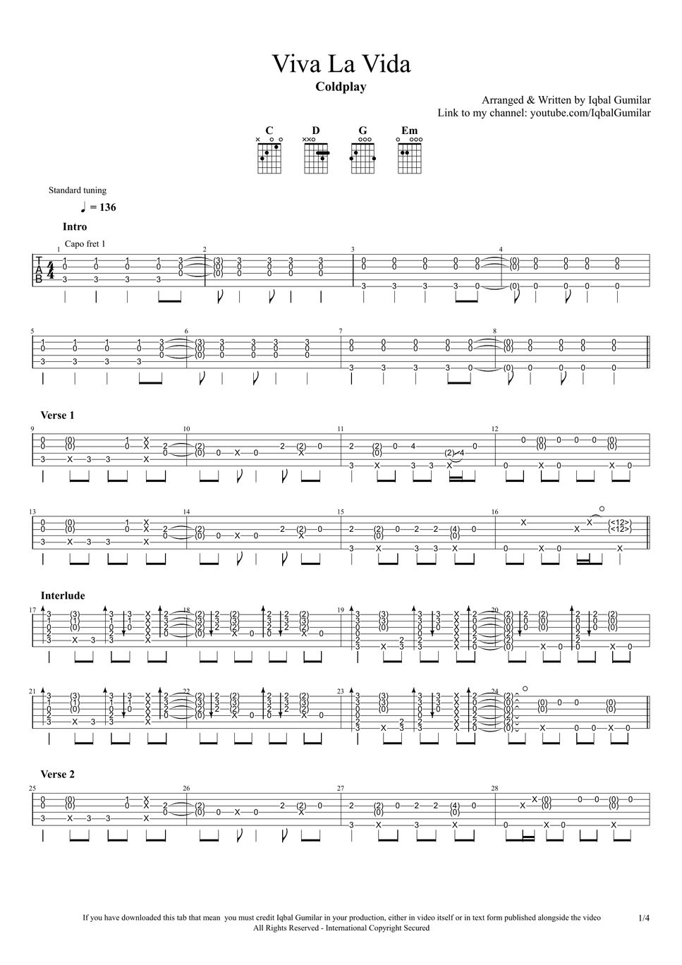 Coldplay - Viva La Vida TAB by Iqbal Gumilar