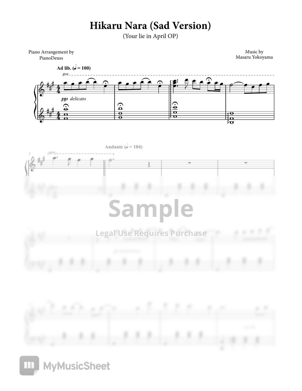 Your Lie in April OP - Hikaru Nara (Sad Version) Sheets by PianoDeuss