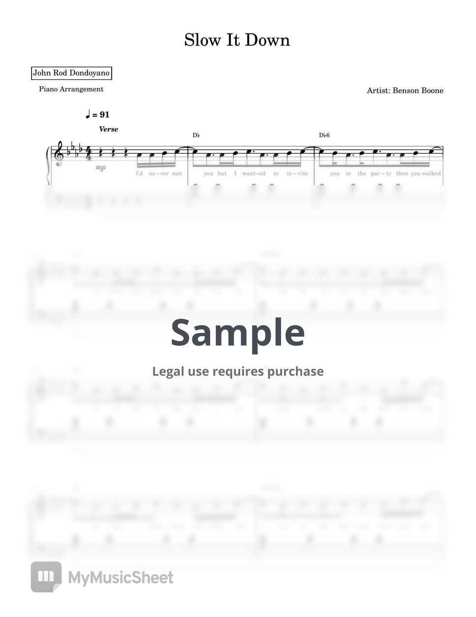 Benson Boone - Slow It Down (PIANO SHEET) 악보 by John Rod Dondoyano