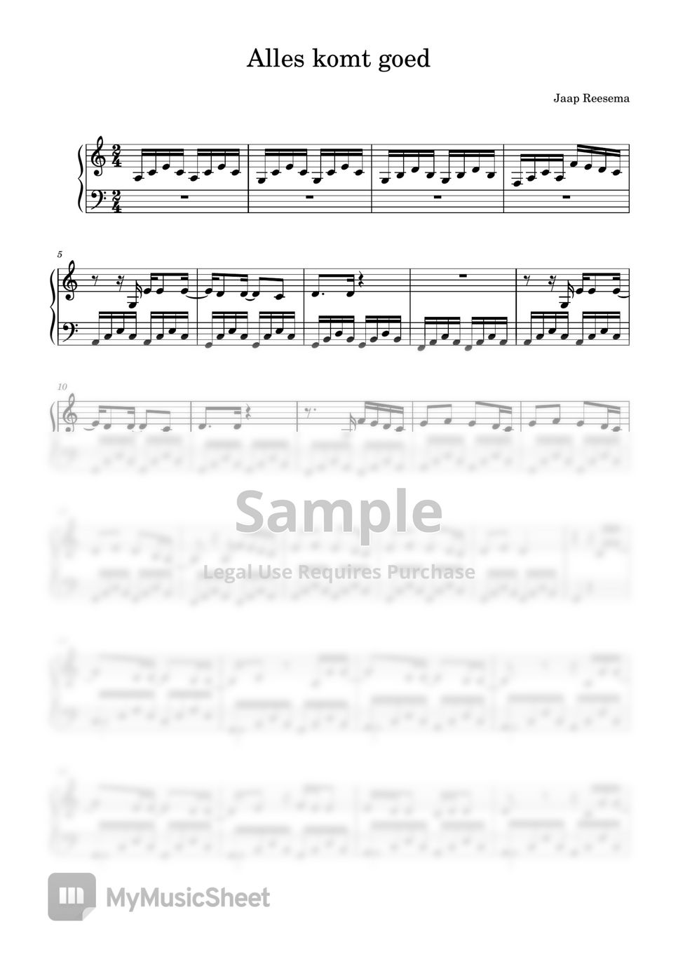 Jaap Reesema - Alles komt goed Sheet Music by All in piano