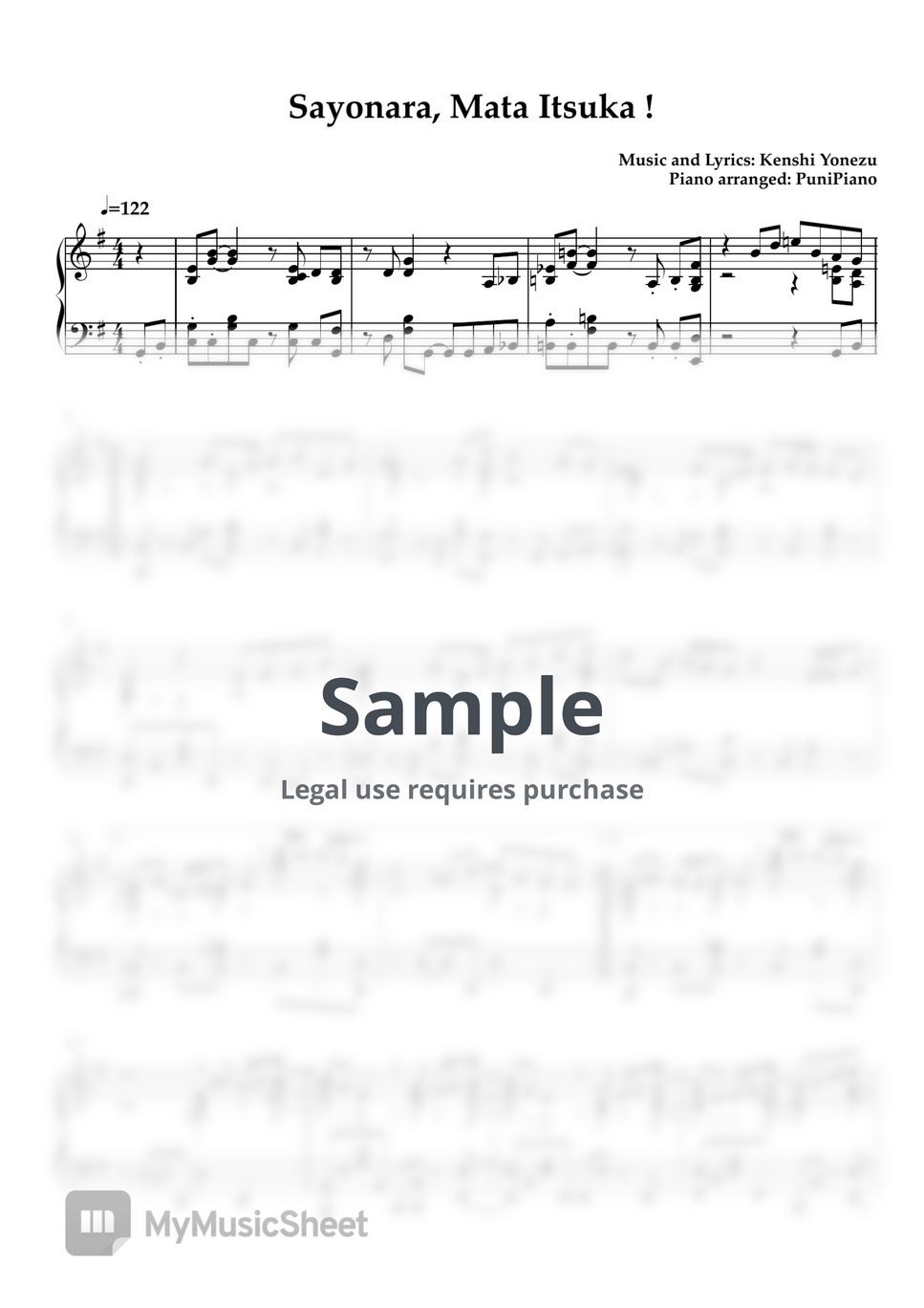 Kenshi Yonezu - Sayonara, Mata Itsuka! Sheet Music by PuniPiano