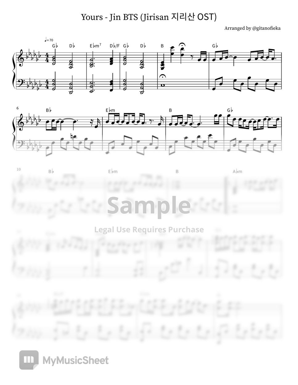 Jin BTS - Yours (Jirisan 지리산 OST) Sheets by Gita Nofieka Dwijayati