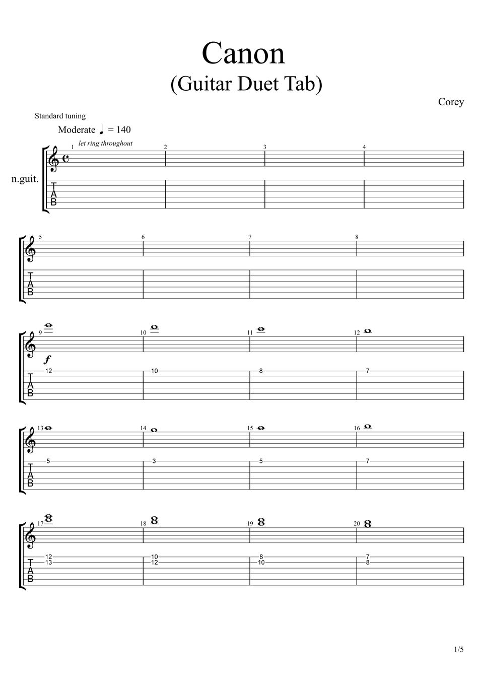 Johann Pachelbel - Canon in C - Guitar Duet Tab 樂譜 by Corey