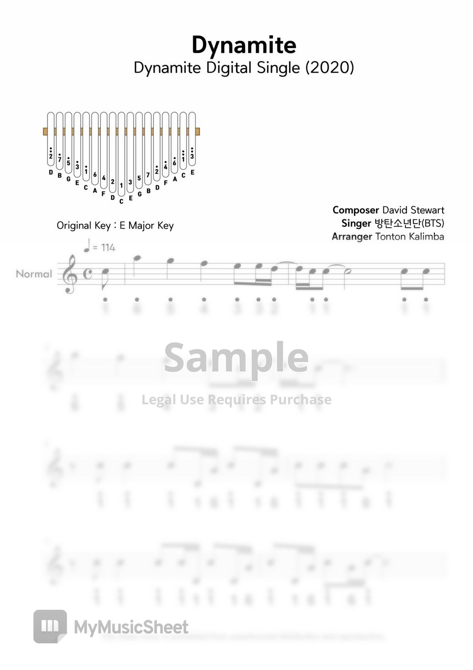 BTS - Dynamite (Normal) Sheet Music by Tonton Kalimba