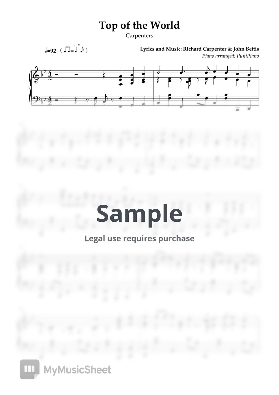 Carpenters - Top of the World Sheet Music by PuniPiano