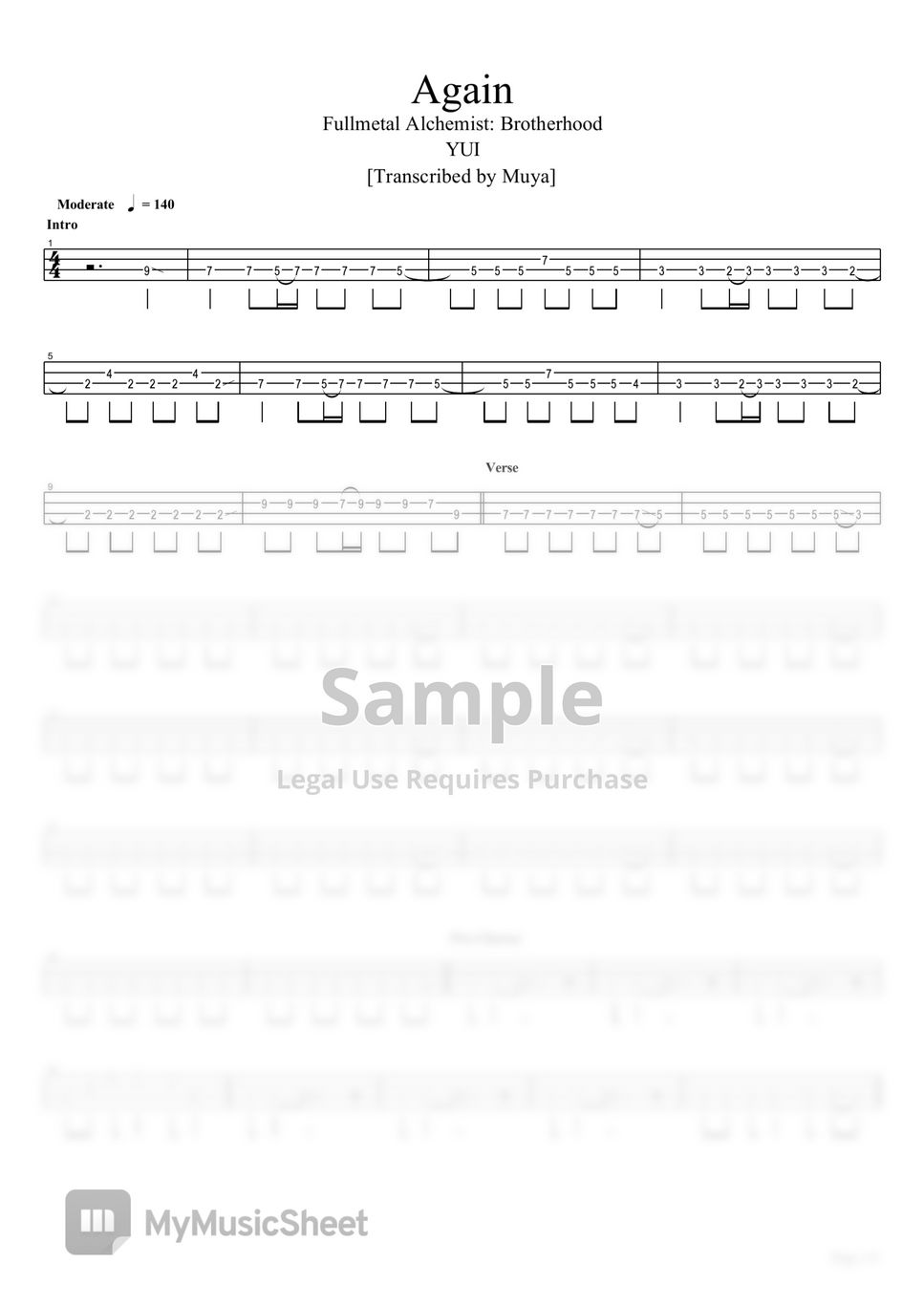 YUI - Again (Bass TAB) Sheets by Muya