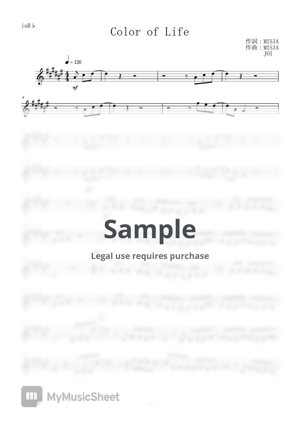 MISIA - COLOR OF LIFE (inB♭) Sheet Music by Hamanasu