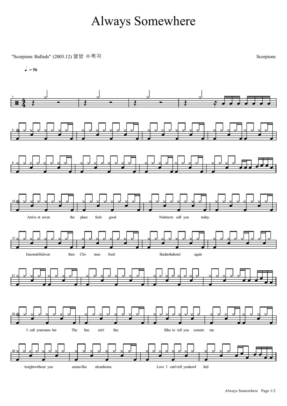 scorpions - Always Somewhere Sheet by COPYDRUM