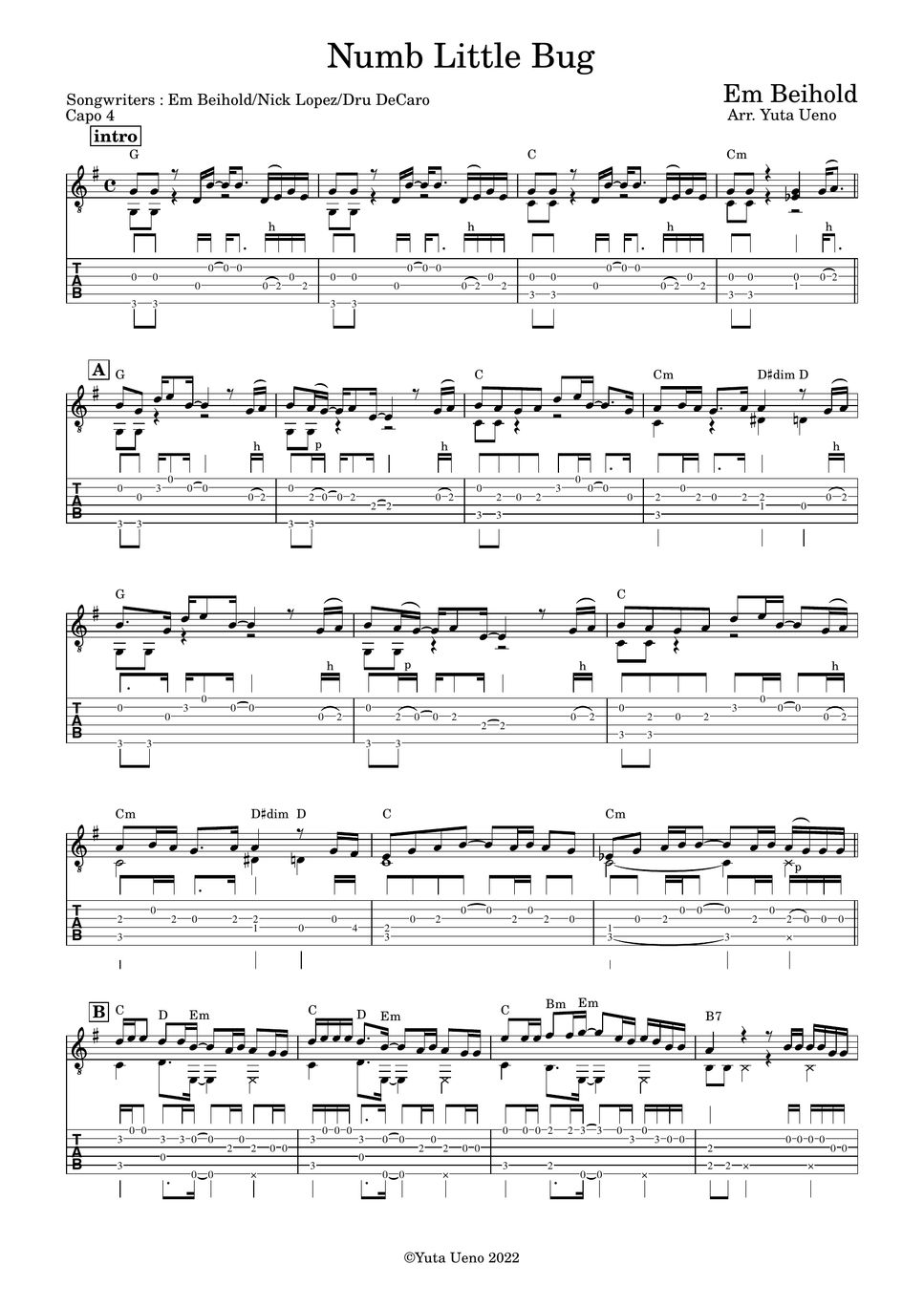 Em Beihold - Numb Little Bug (Fingerstyle) Tab + 1staff by Yuta Ueno
