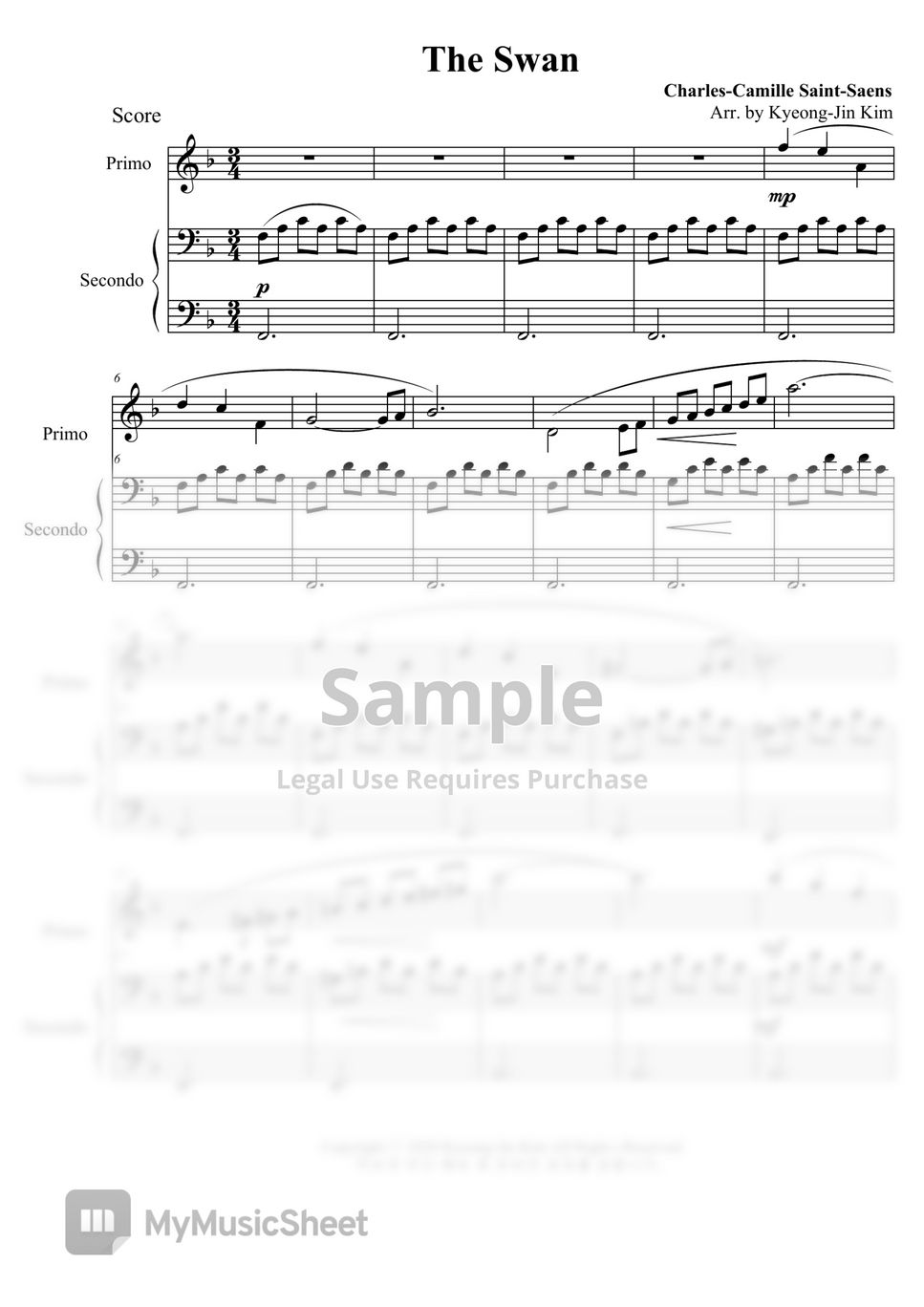 Saint-Saëns - The Swan( Easy Sheet) (4 Hands) 악보 by Pianist Jin
