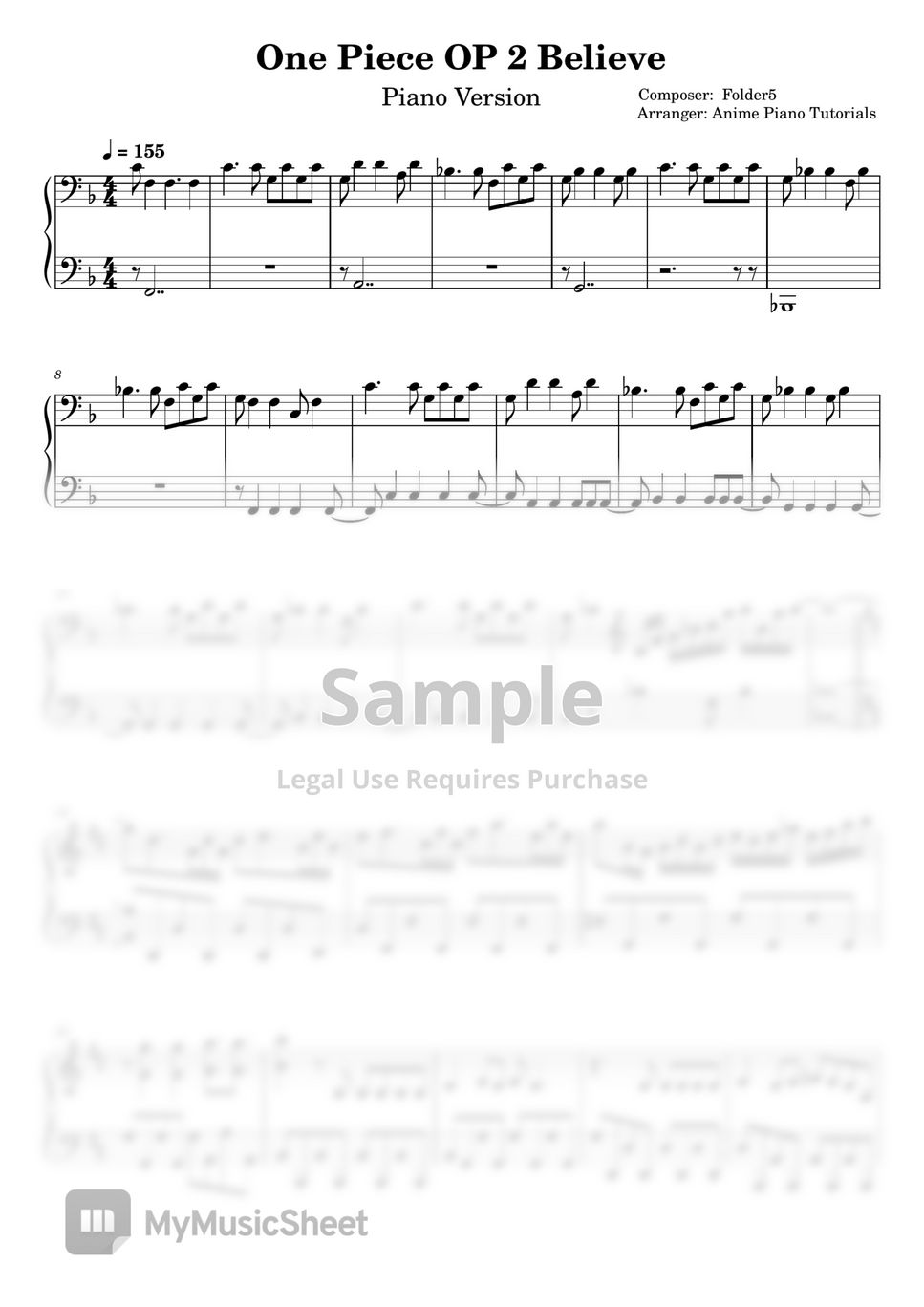 One Piece - Believe (One Piece OP 2) Partitura by Anime Piano Tutorials