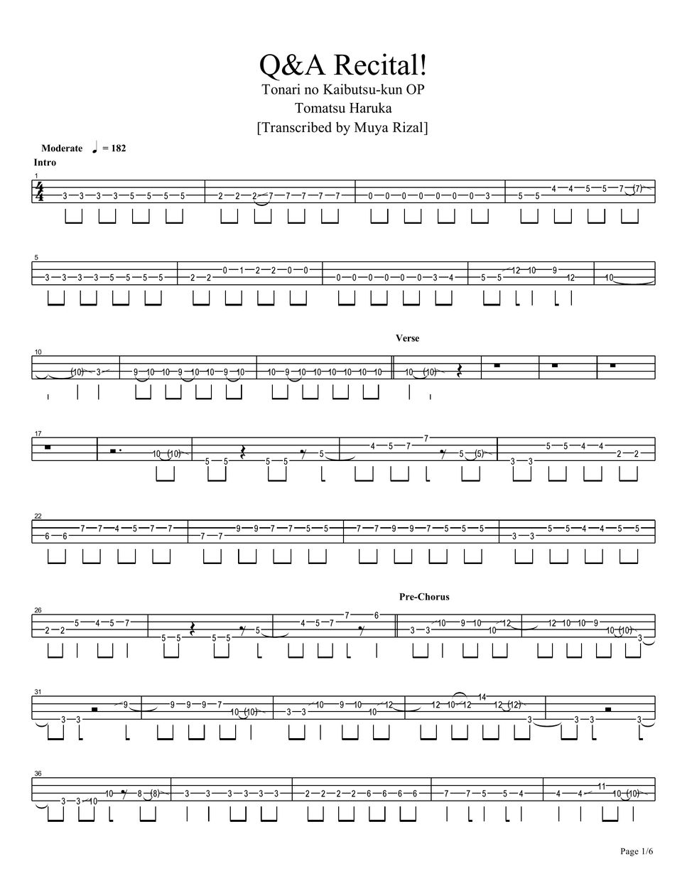 Tomatsu Haruka - Q&A Recital! (Bass TAB) Sheets by Muya