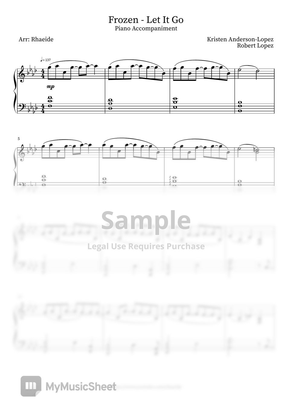 Frozen - Let It Go (Piano Accompaniment) 악보 by Rhaeide