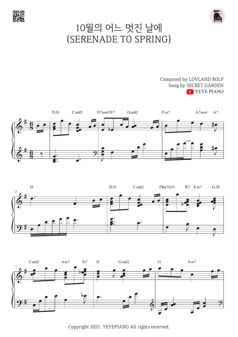 Secret Garden - Serenade to Spring Sheet by YEYE PIANO
