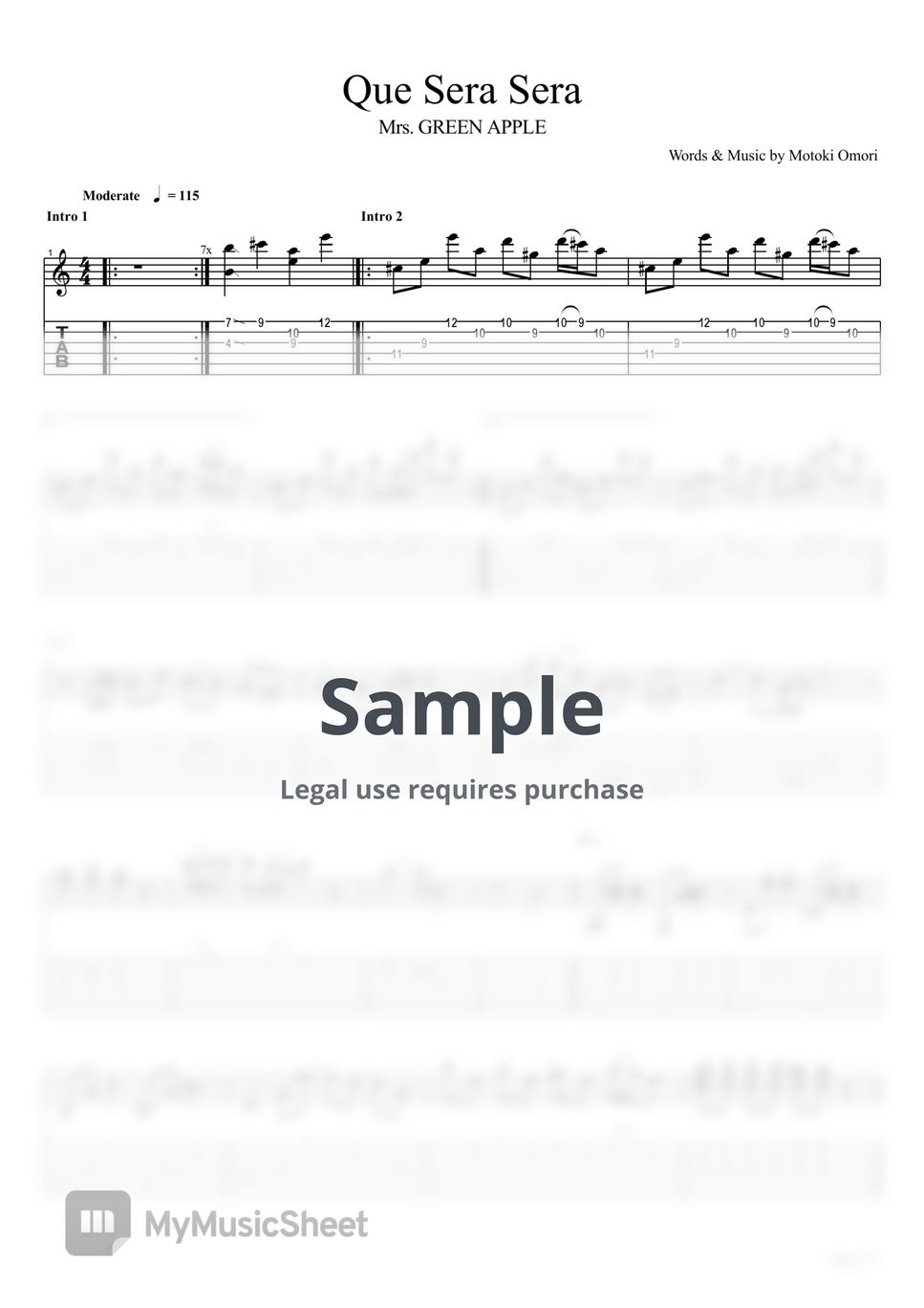 Mrs.GREEN APPLE - Que Sera Sera【Guitar TAB/lead pert】 Tab + 1staff by ...