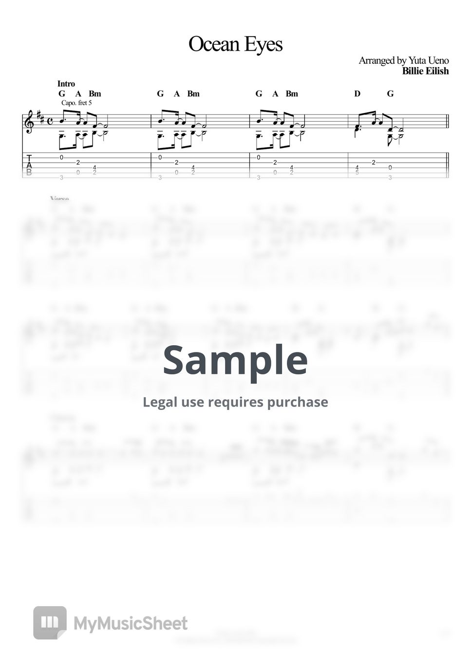 Billie Eilish - Ocean Eyes (Fingerstyle) Tab + 단선 악보 by Yuta Ueno