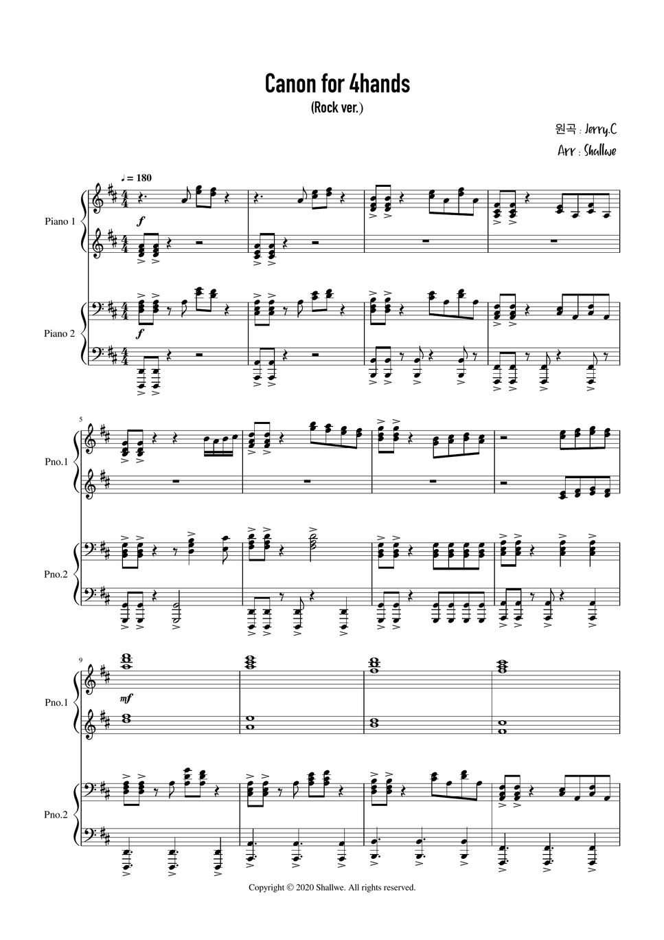 Jerry C - CANON ROCK (4 Hands) Notenblatt by Shallwe