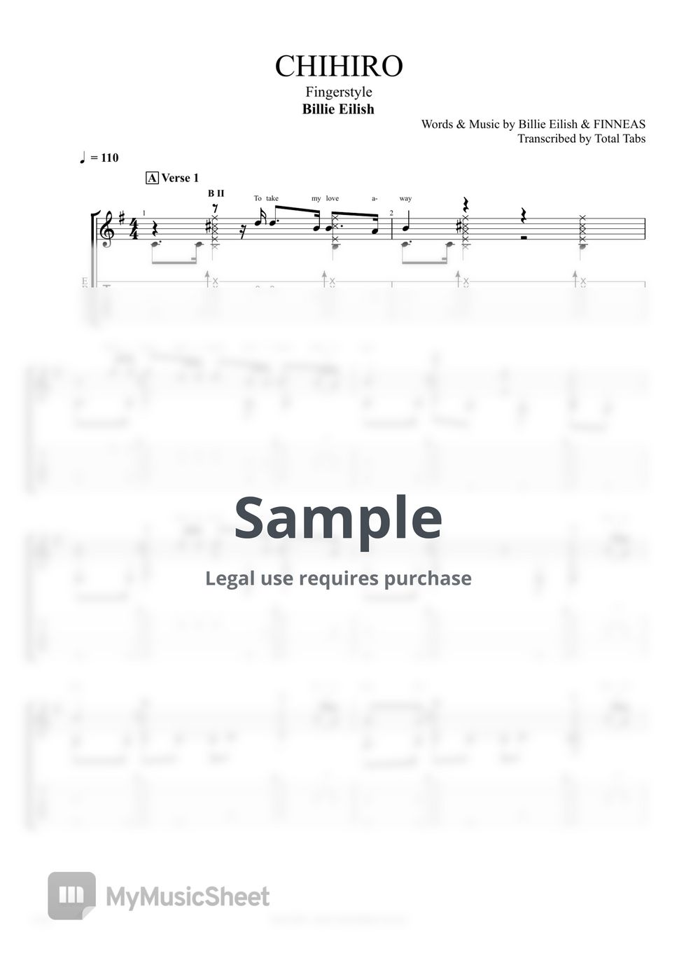 Billie Eilish - CHIHIRO (fingerstyle) Tab + 단선 악보 by Total Tabs