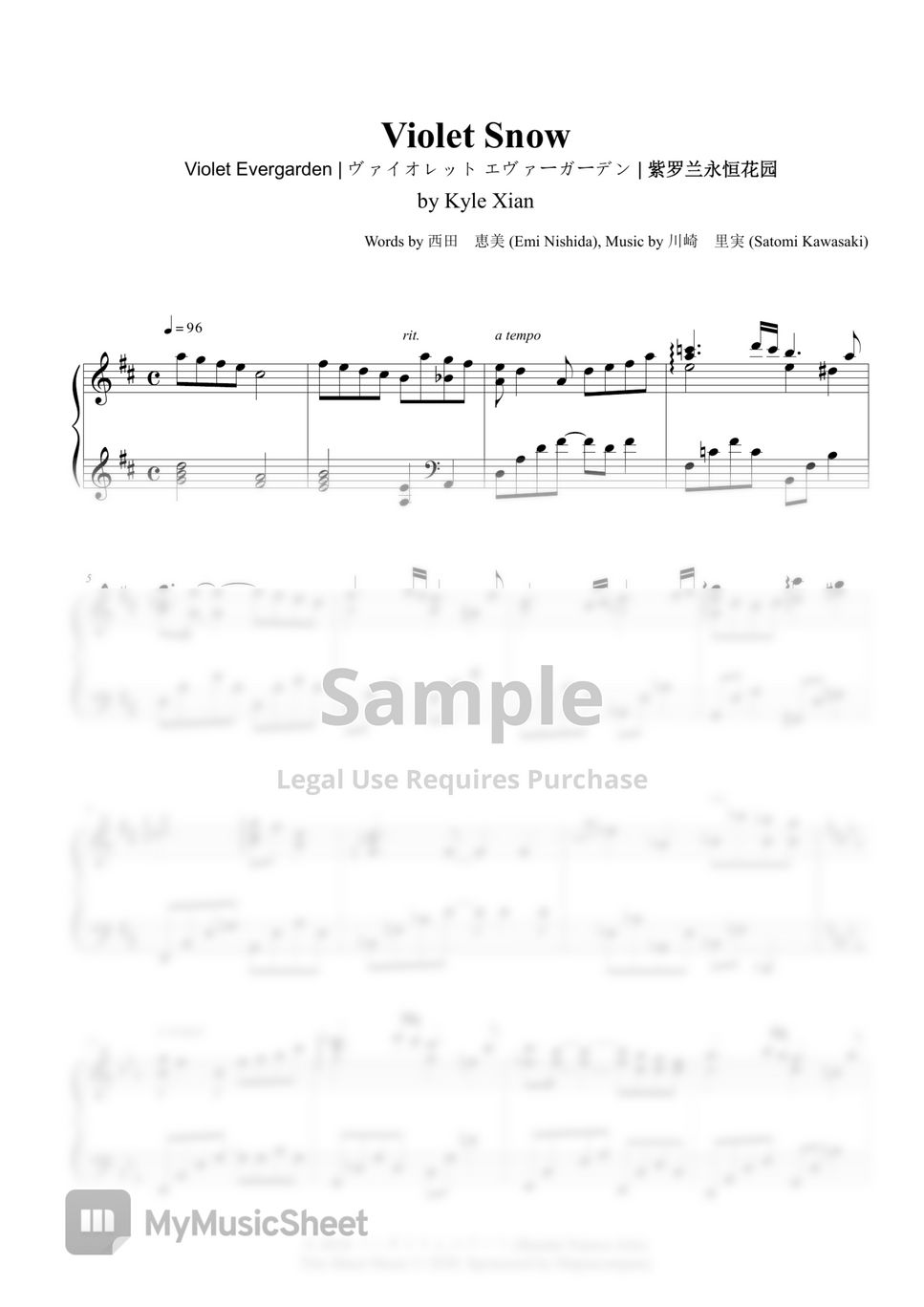 Satomi Kawasaki - Violet Snow - Violet Evergarden Sheet Music by Kyle Xian