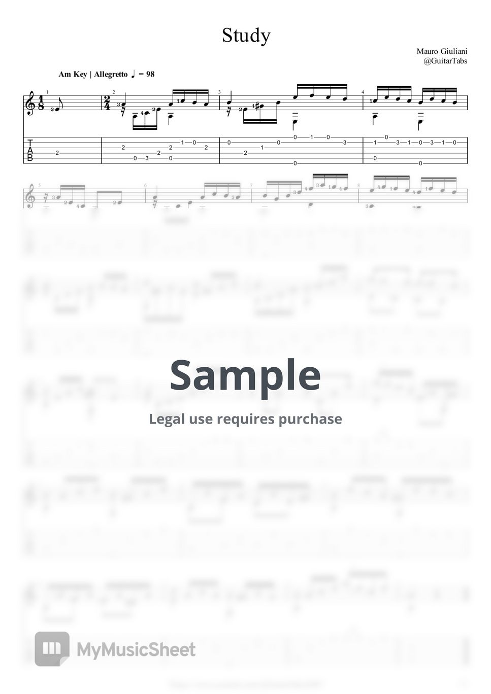 M. Giuliani - Study(Allegretto) (오선+타브+운지(Staff+TAB+Fingering)) Tab ...