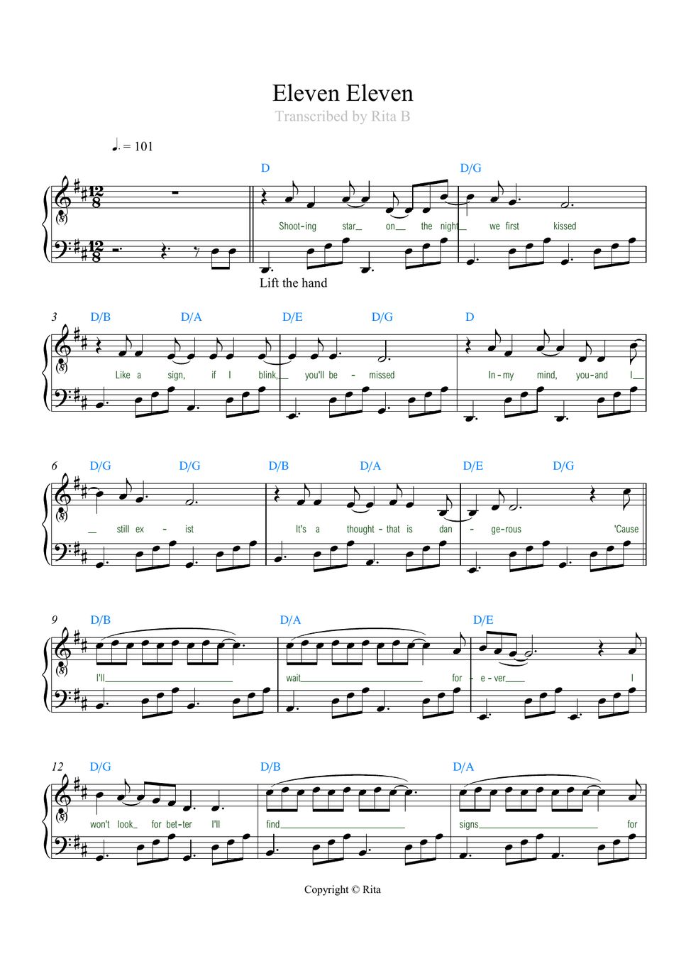Conan Gray - Eleven Eleven (lyrics chords) Piano Sheet Music PDF | Rita B | mymusic5