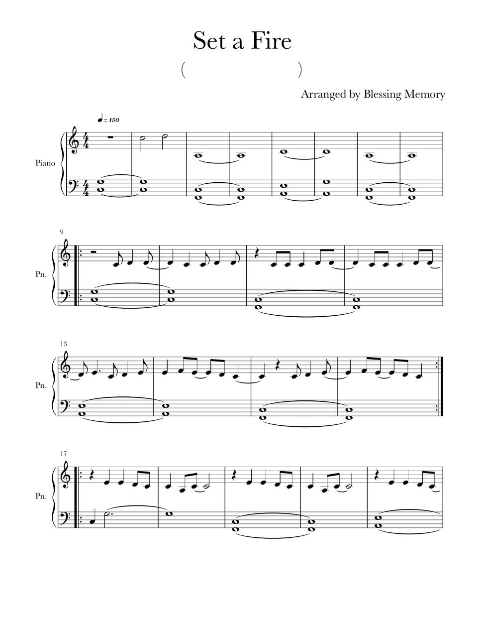 Will Reagan - Set a Fire (Easy Piano) 樂譜 by Blessing Memory