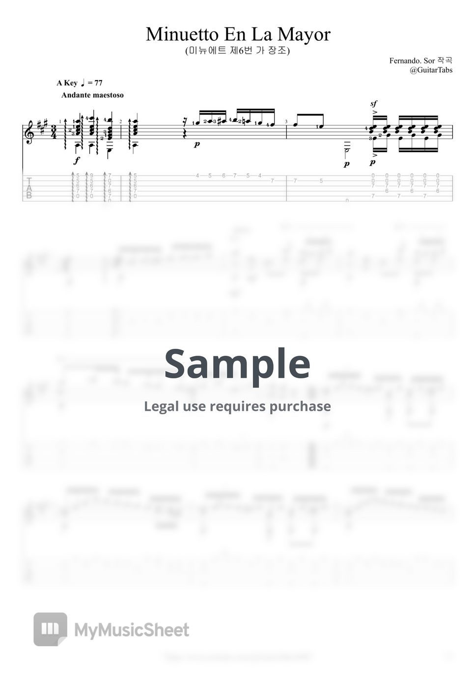 F. Sor - Minuetto En La Mayor(미뉴에트 제6번 가 장조) (오선+타브+운지(Staff+TAB ...