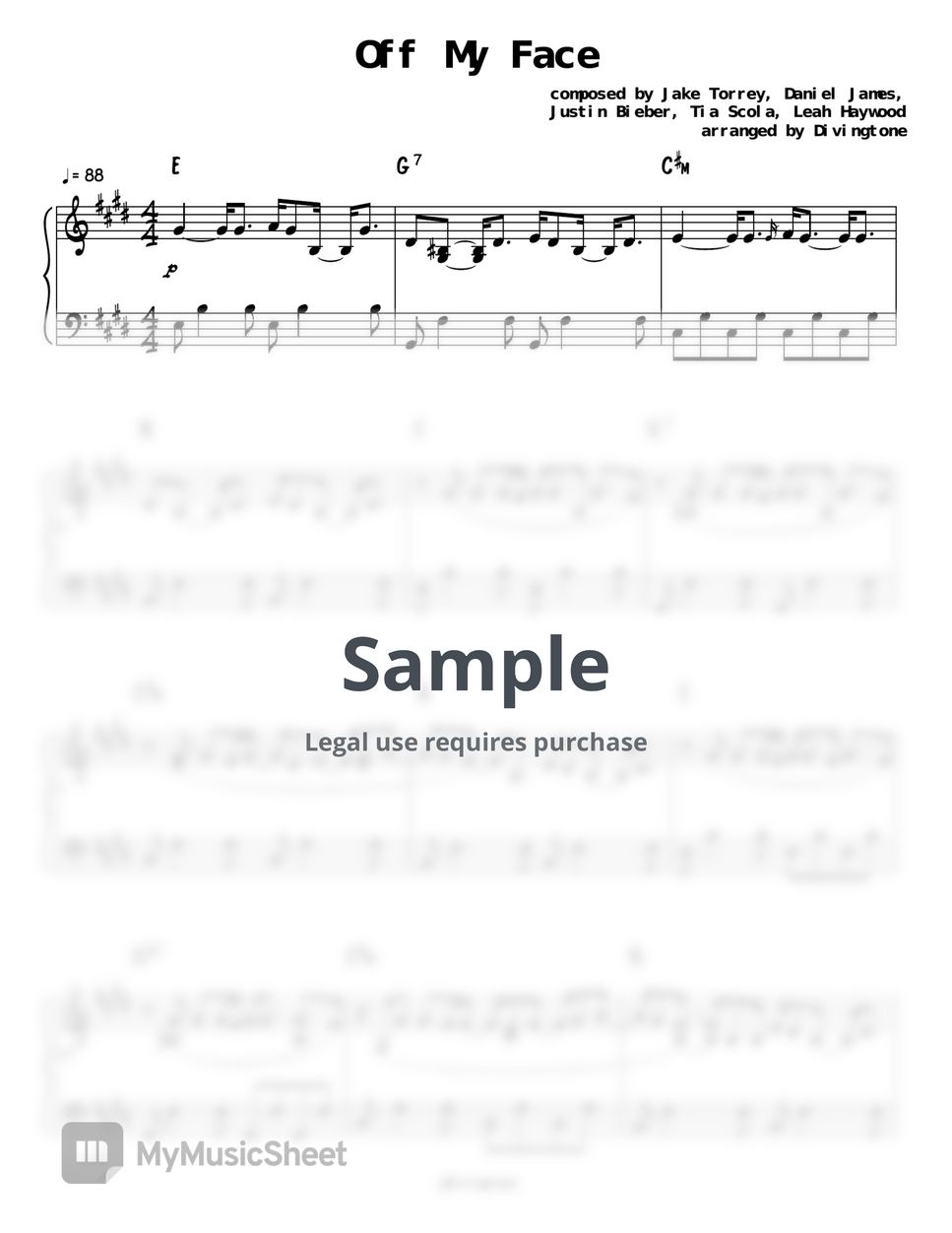 Justin Bieber Off My Face Piano Sheet Sheets By Divingtone