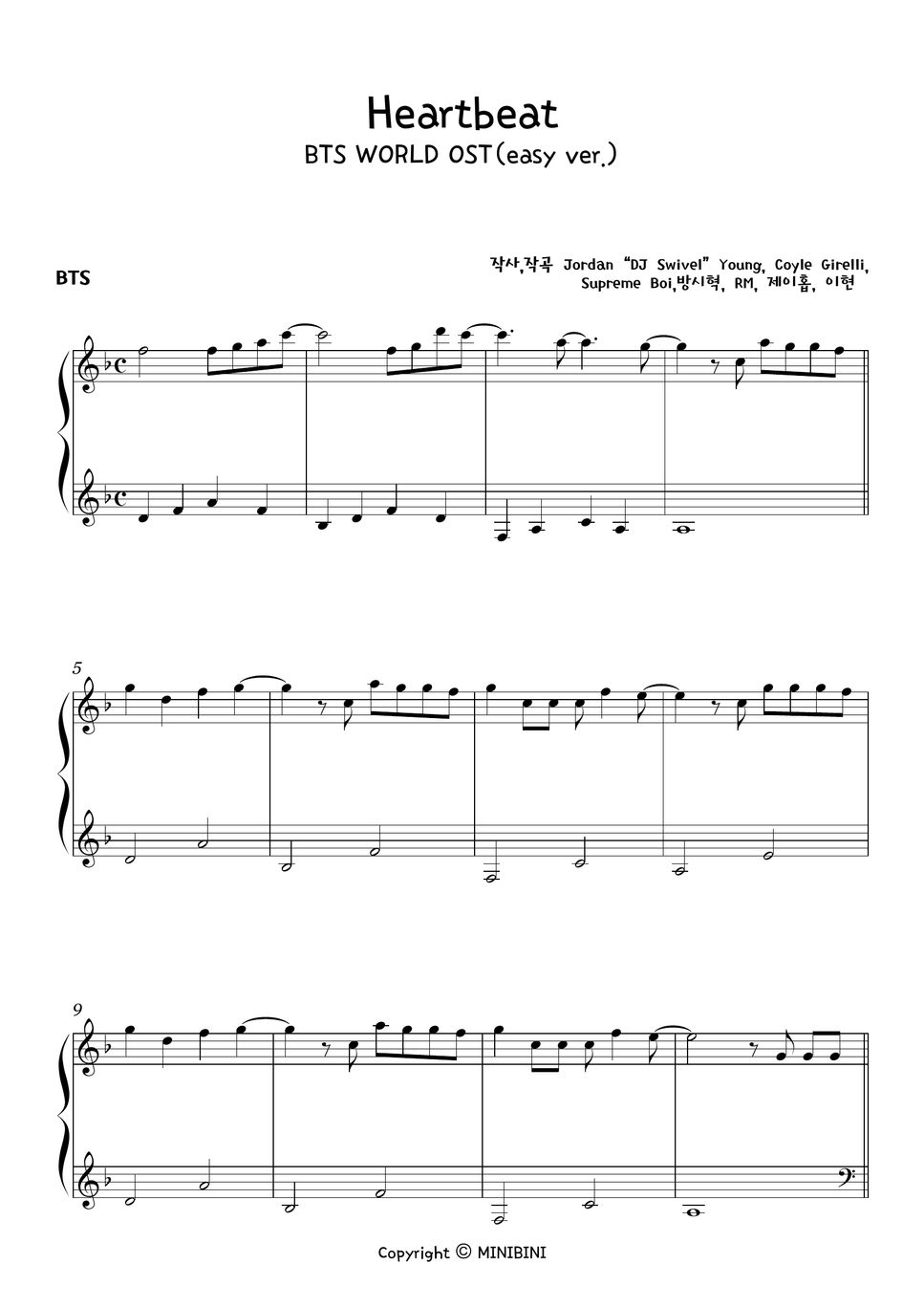 BTS (방탄소년단) - Heartbeat (BTS WORLD OST) [Easy Version] Sheet