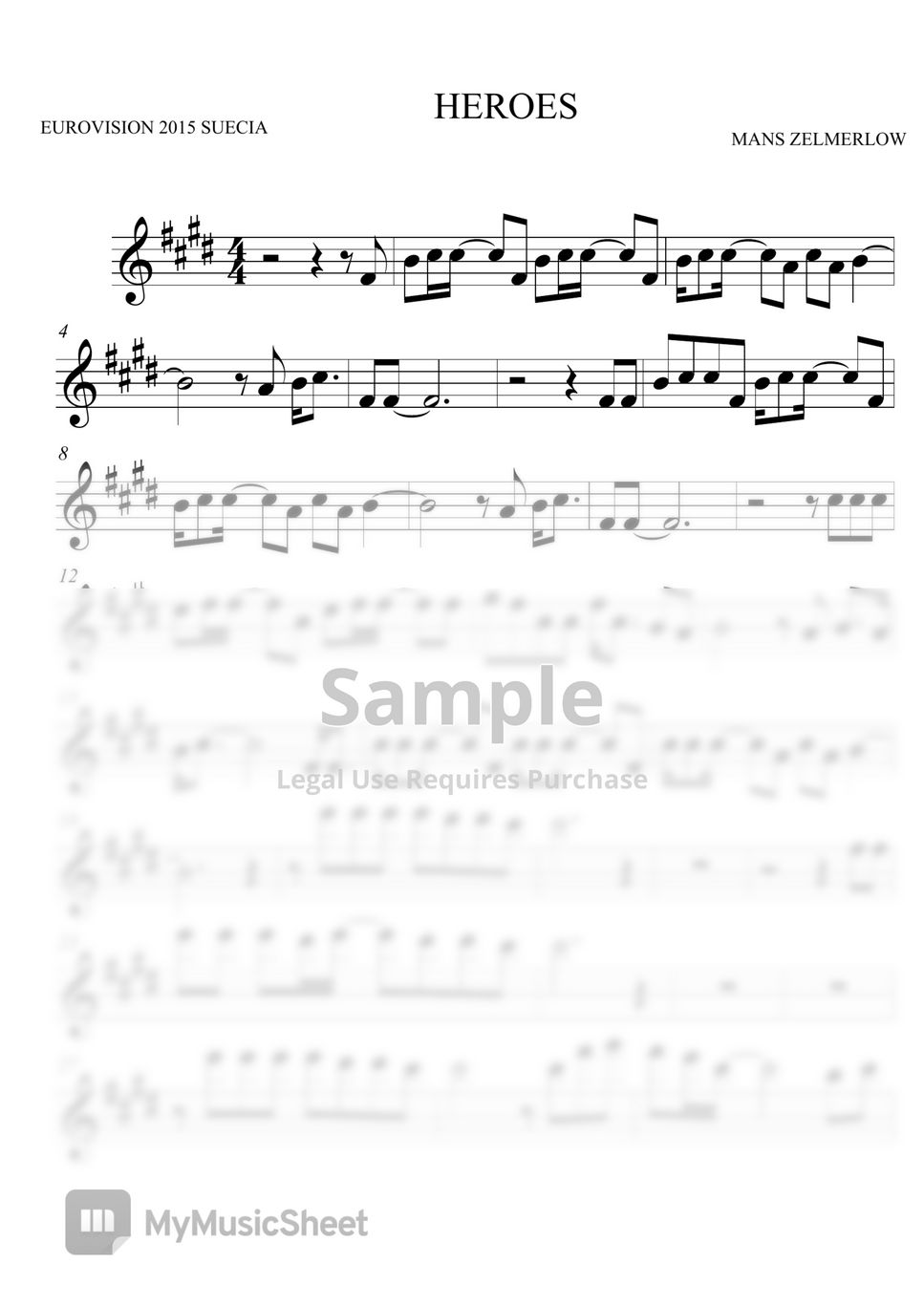 Heroes. Eurovision 2015 - Måns Zelmerlöw (Alto Sax) Sheet Music by ...